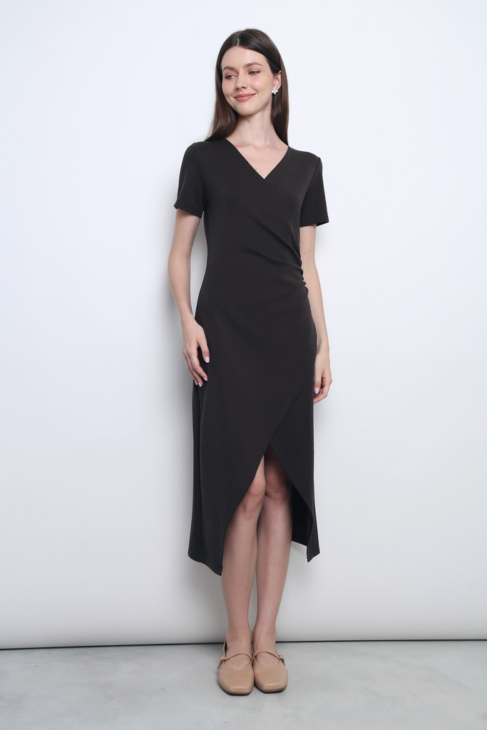 Velveteen Wrap Midi Dress Soft Black – Hollyhoque