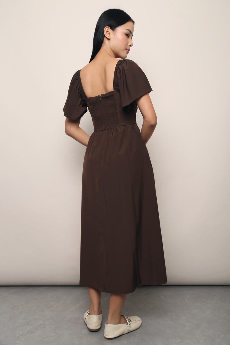 Laurent Smocked Waist Midaxi Dress Brown – Hollyhoque