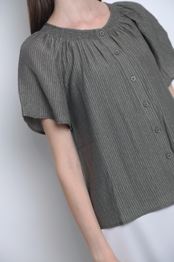 Breezette Smocked Neckline Blouse Smoke Grey – Hollyhoque