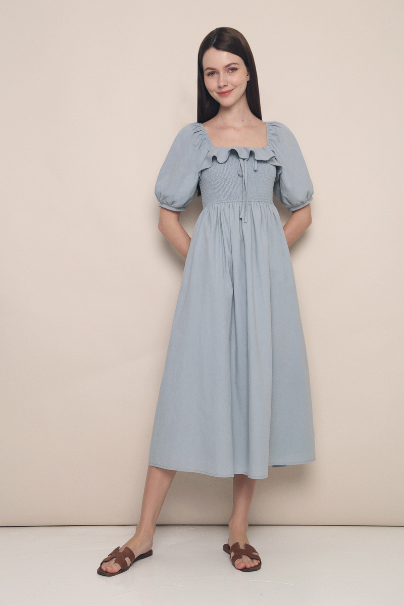 Moon Smocked Ruffle Midaxi Dress Sky – Hollyhoque