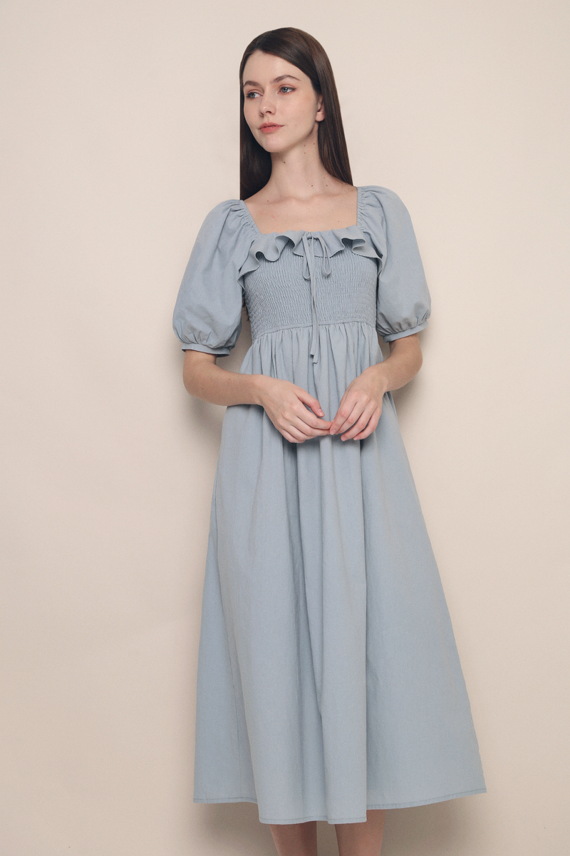 Moon Smocked Ruffle Midaxi Dress Sky – Hollyhoque