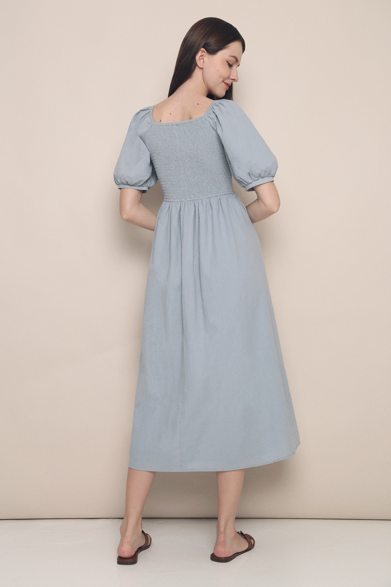 Moon Smocked Ruffle Midaxi Dress Sky – Hollyhoque