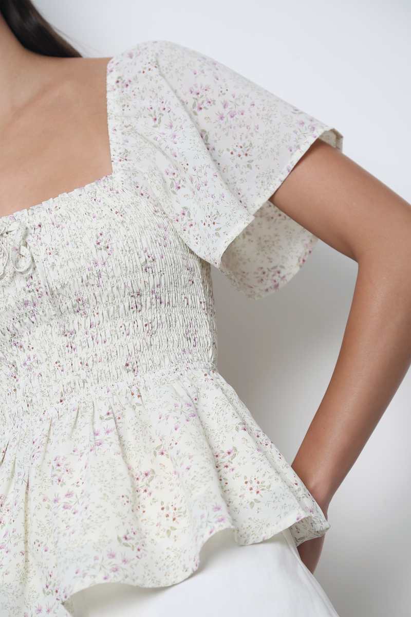 Bloomette Flutter Sleeves Smocked Top Beige – Hollyhoque